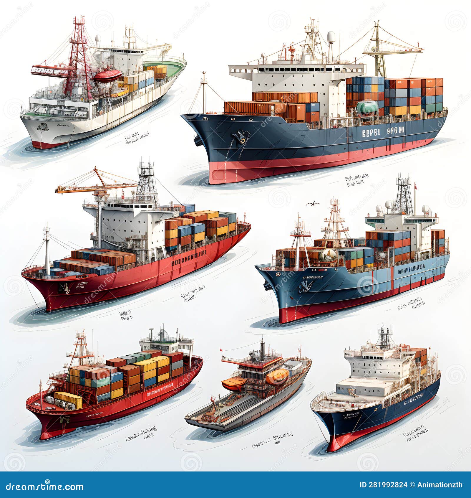 Orderly Arrangement of Nine Cargo Ships in Isometric View, Highlighting ...