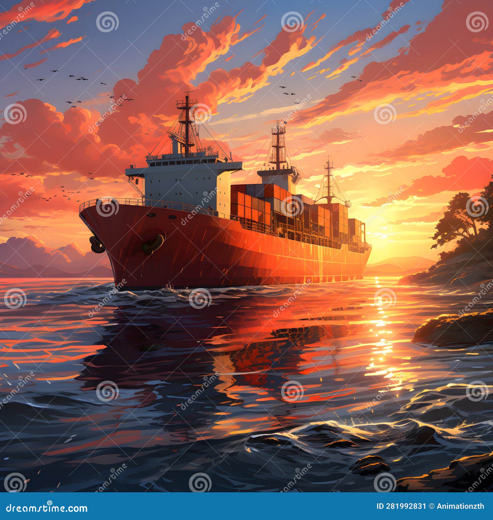 Peaceful 2D Isometric Scene of Cargo Ship Anchored in Tranquil Bay ...