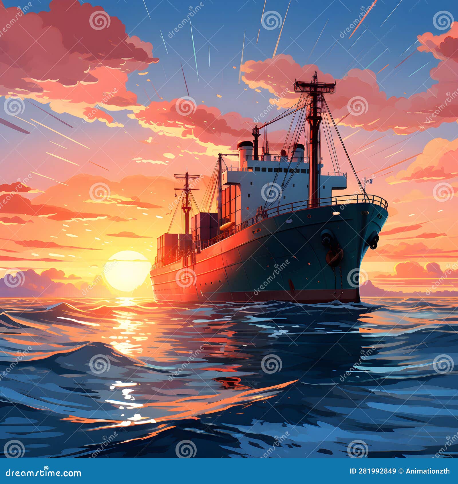 Peaceful 2D Isometric Scene of Cargo Ship Anchored in Tranquil Bay ...