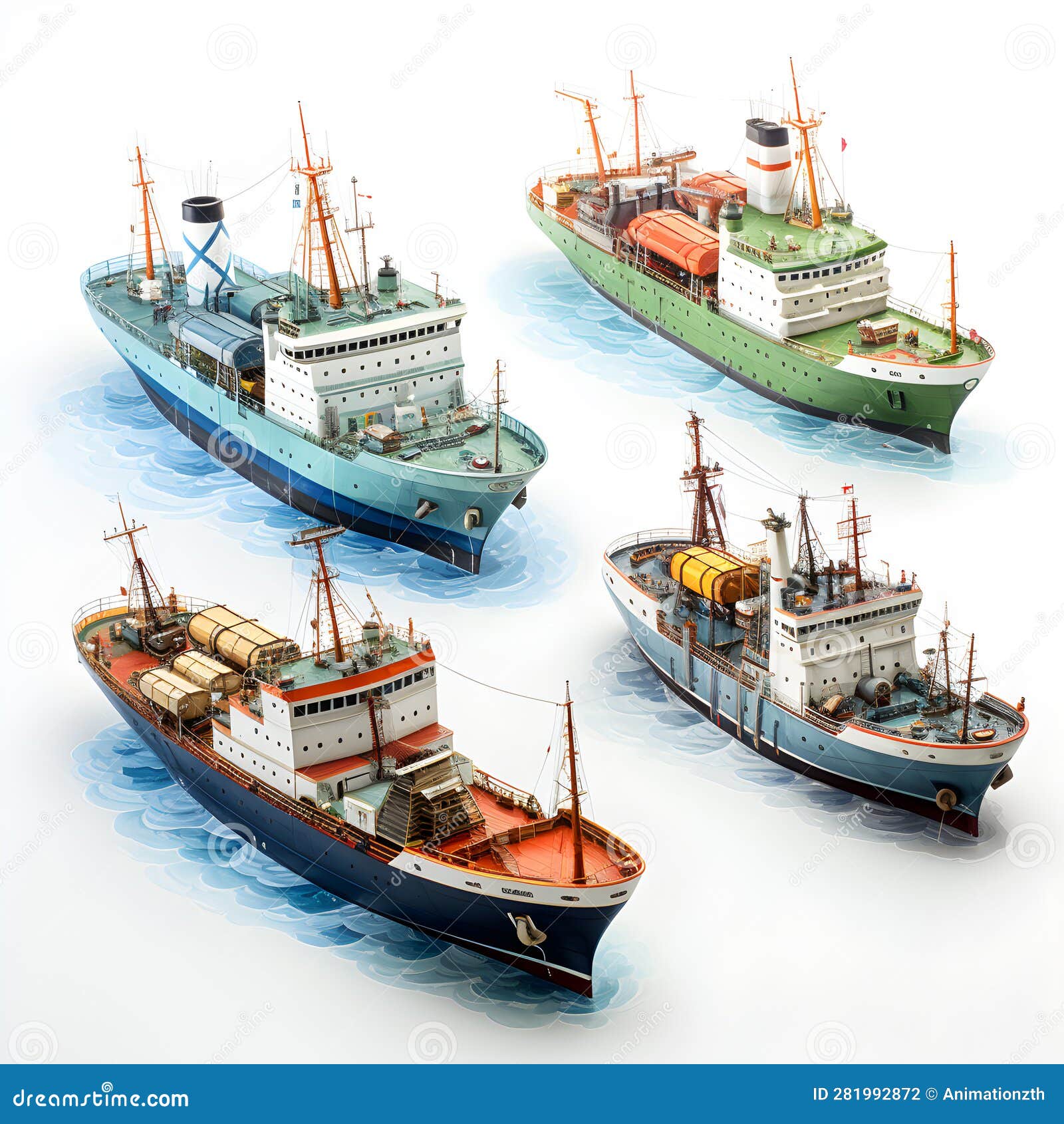 Playful 2D Isometric Representation of Eight Cargo Ships, Each with ...