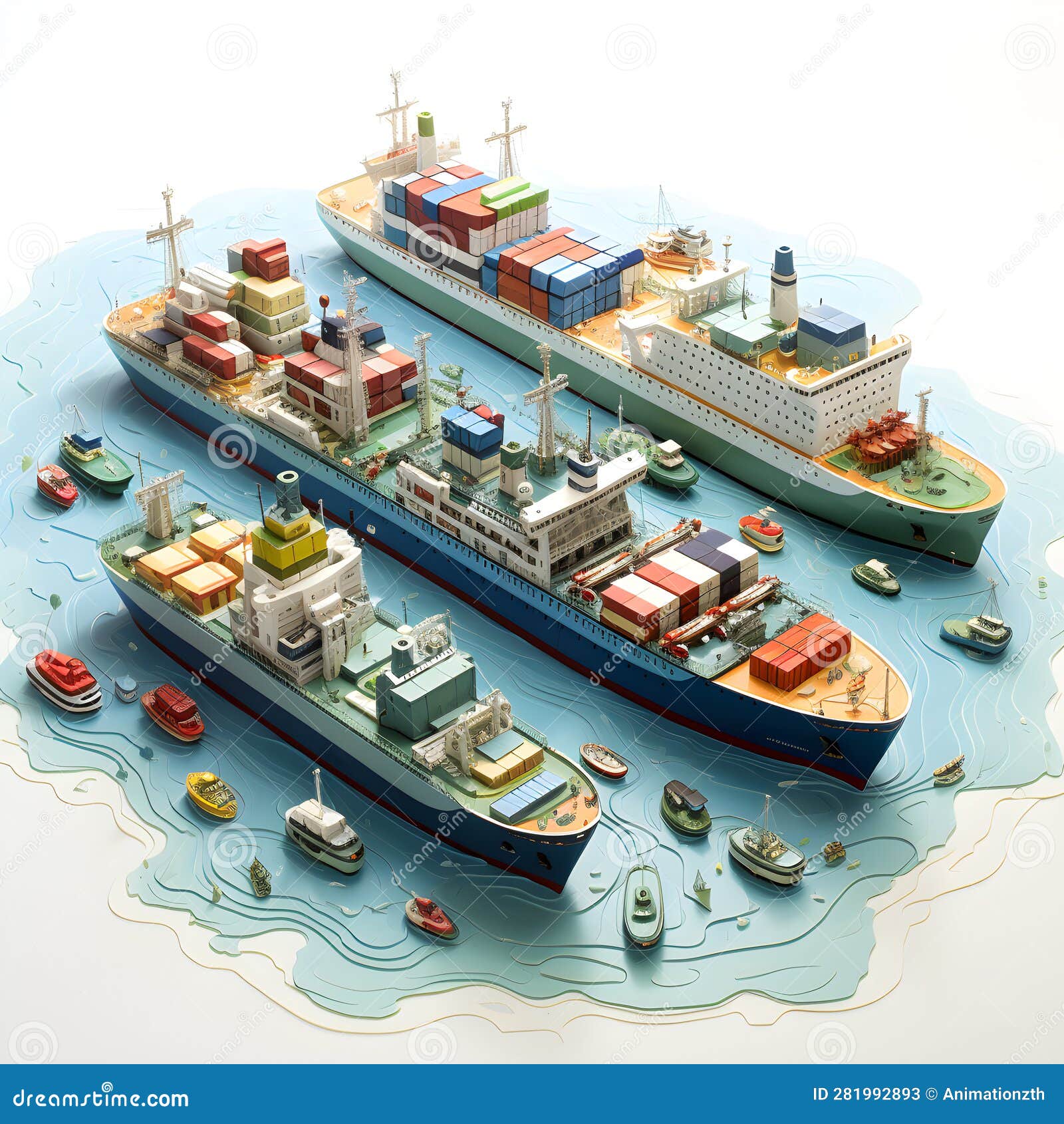 Playful 2D Isometric Representation of Eight Cargo Ships, Each with ...