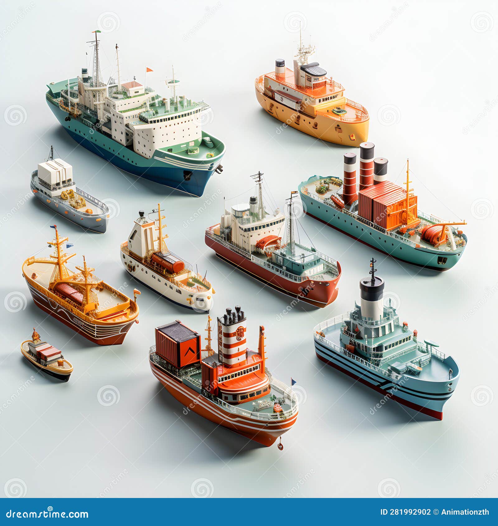 Playful 2D Isometric Representation of Eight Cargo Ships, Each with ...
