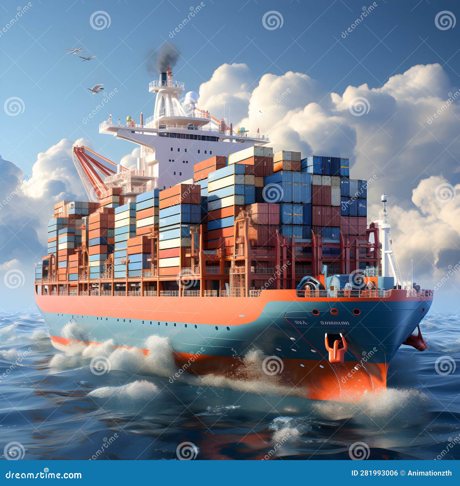 Vibrant 2D Illustration of Isometric Cargo Ship Sailing Across Open Sea ...