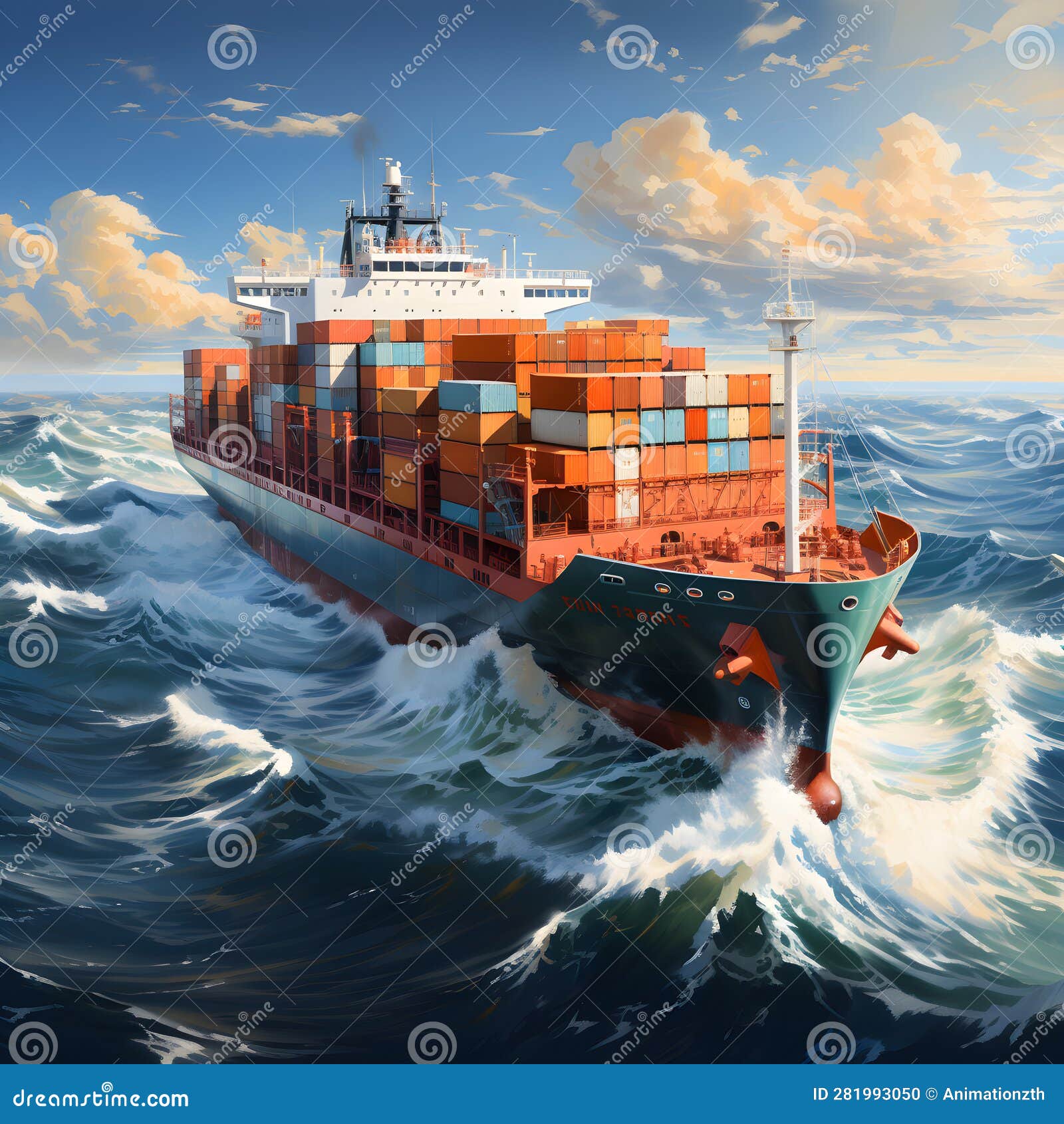 Vibrant 2D Illustration of Isometric Cargo Ship Sailing Across Open Sea ...