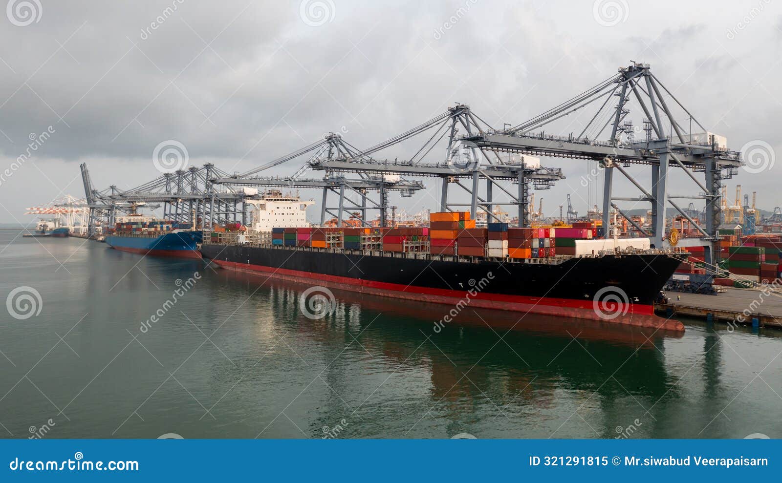 Cargo Container Ship at Terminal Sea Port during Stormy Weather and ...