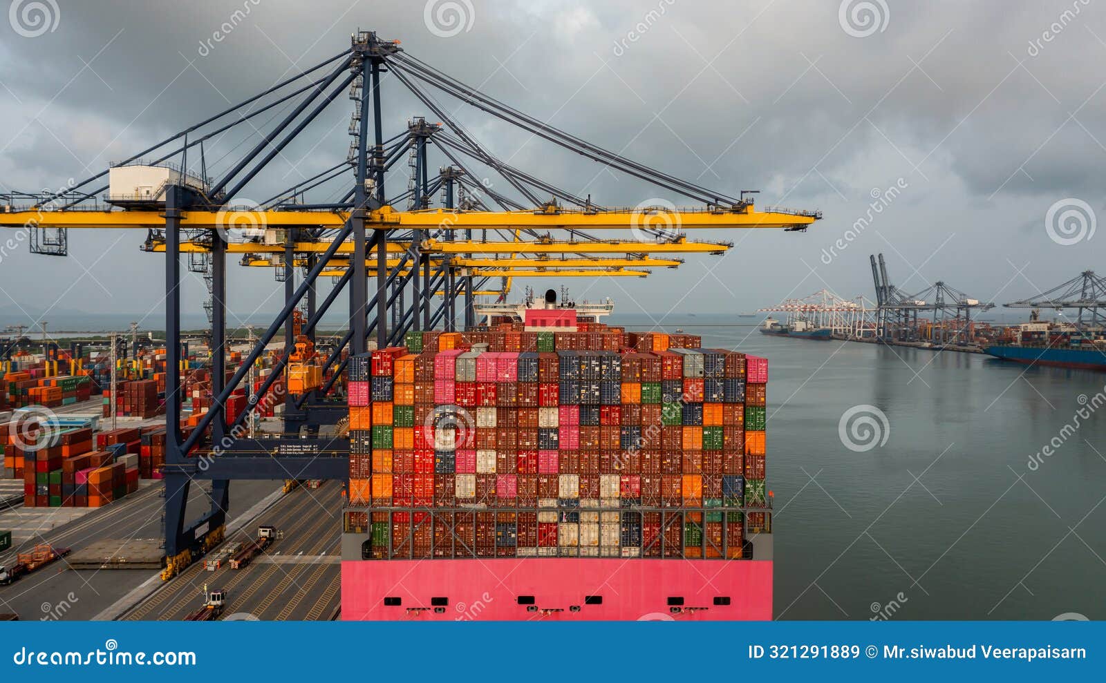 Cargo Container Ship at Terminal Sea Port during Stormy Weather and ...