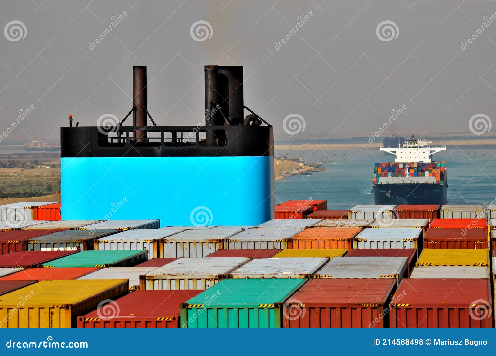 Cargo Container Ship Transiting Suez Canal. Stock Photo - Image of ...