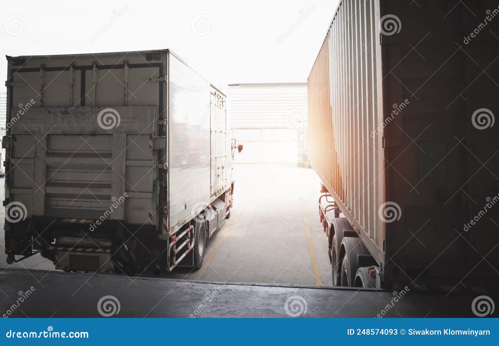 Cargo Container Trucks Parked Loading Dock at Distribution Warehouse ...