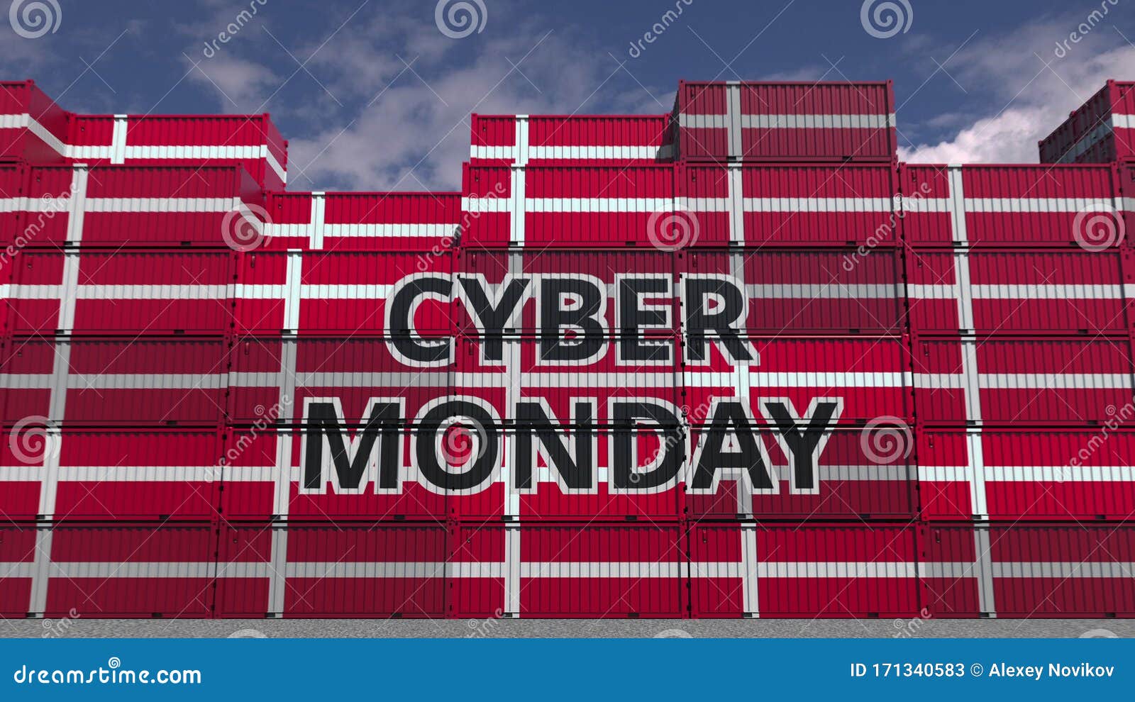 Cargo Containers with CYBER MONDAY Text and Flags of Denmark. Danish ...