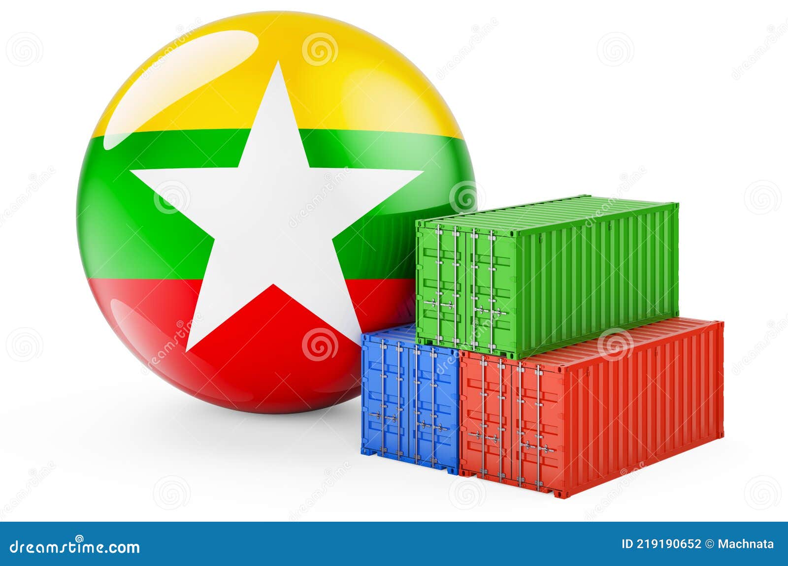 Cargo Containers with Myanmar Flag. Freight Shipping in Myanmar, 3D ...
