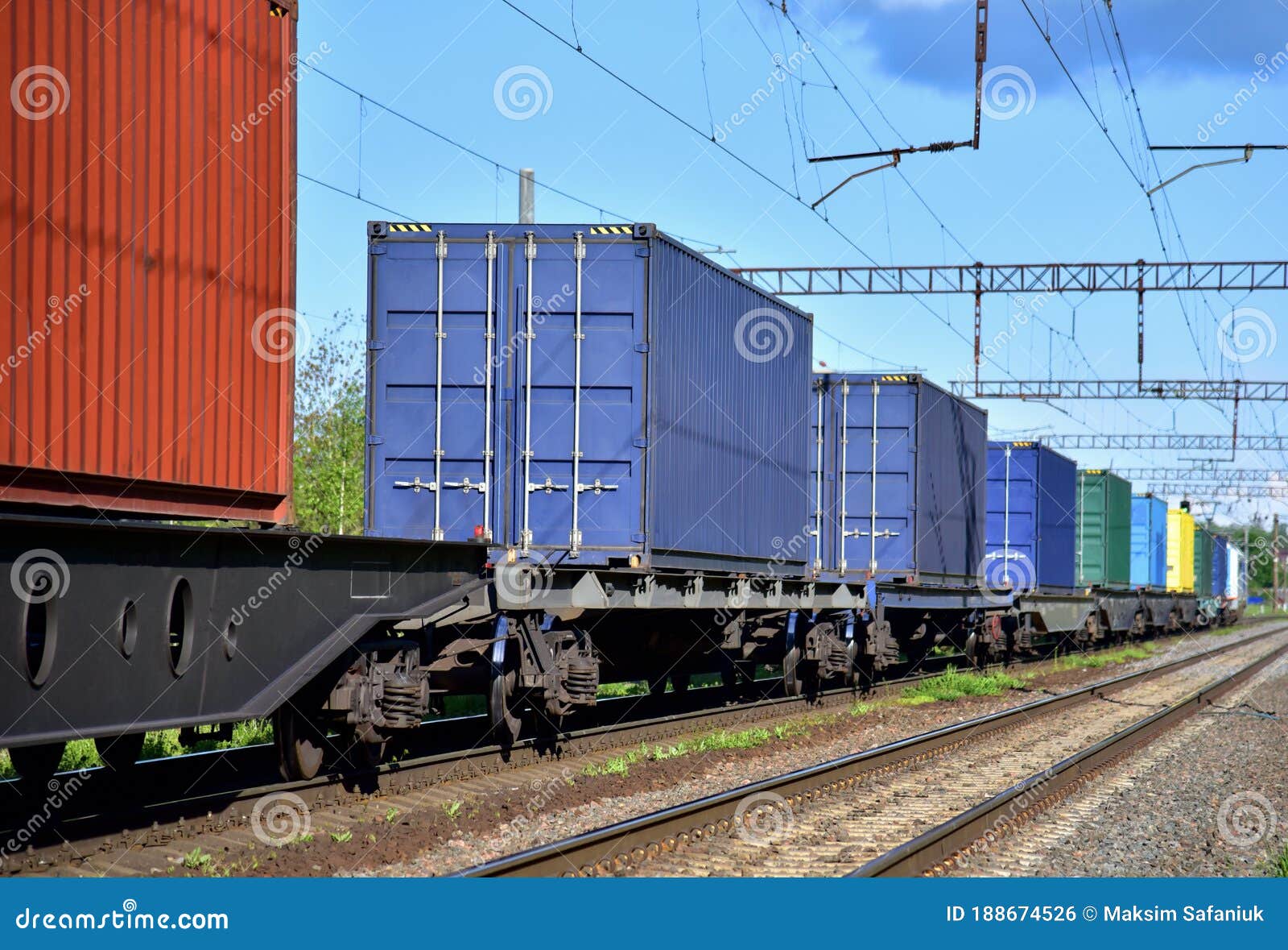 Cargo Containers Transportation on Freight Train by Railway. Intermodal ...