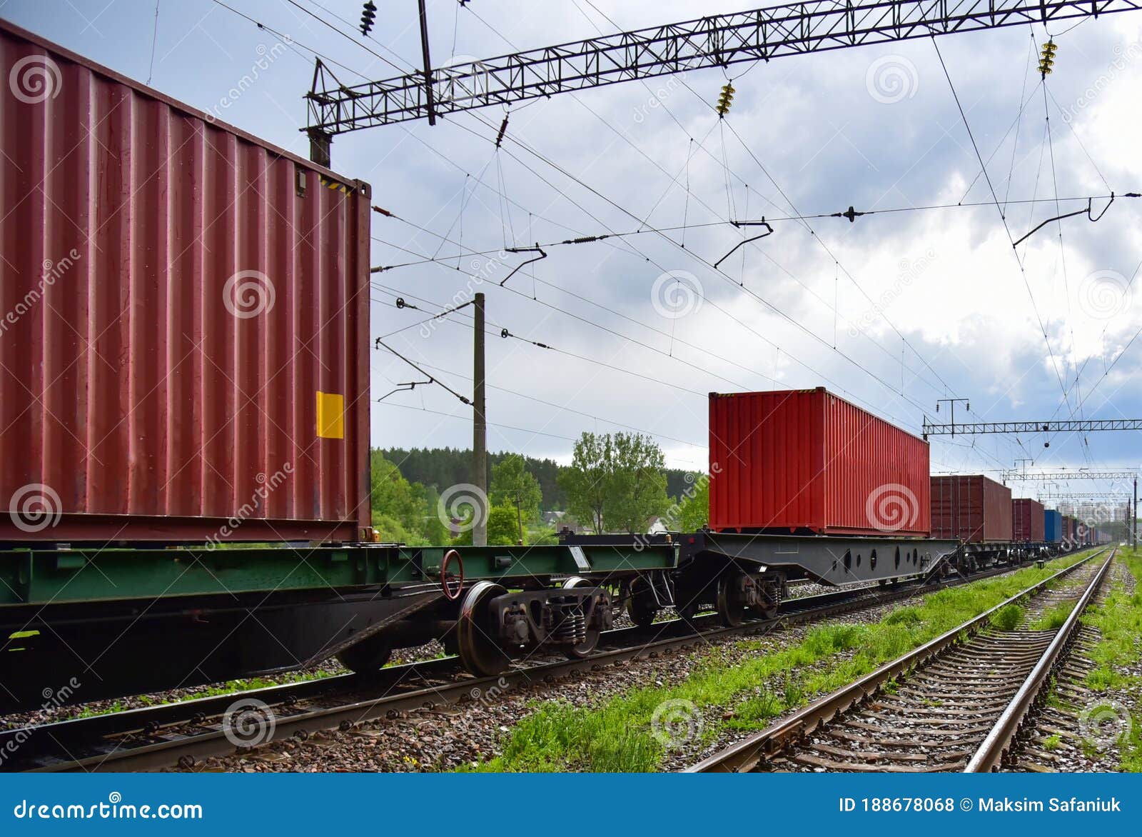 Cargo Containers Transportation on Freight Train by Railway. Intermodal ...