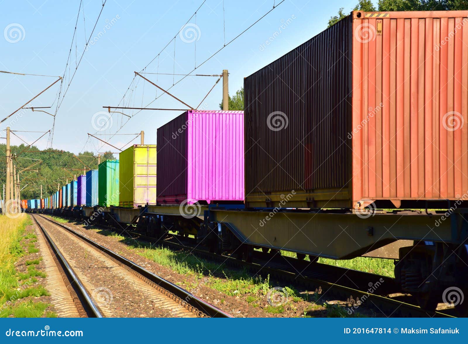 Cargo Containers Transportation on Freight Train by Railway. Intermodal ...