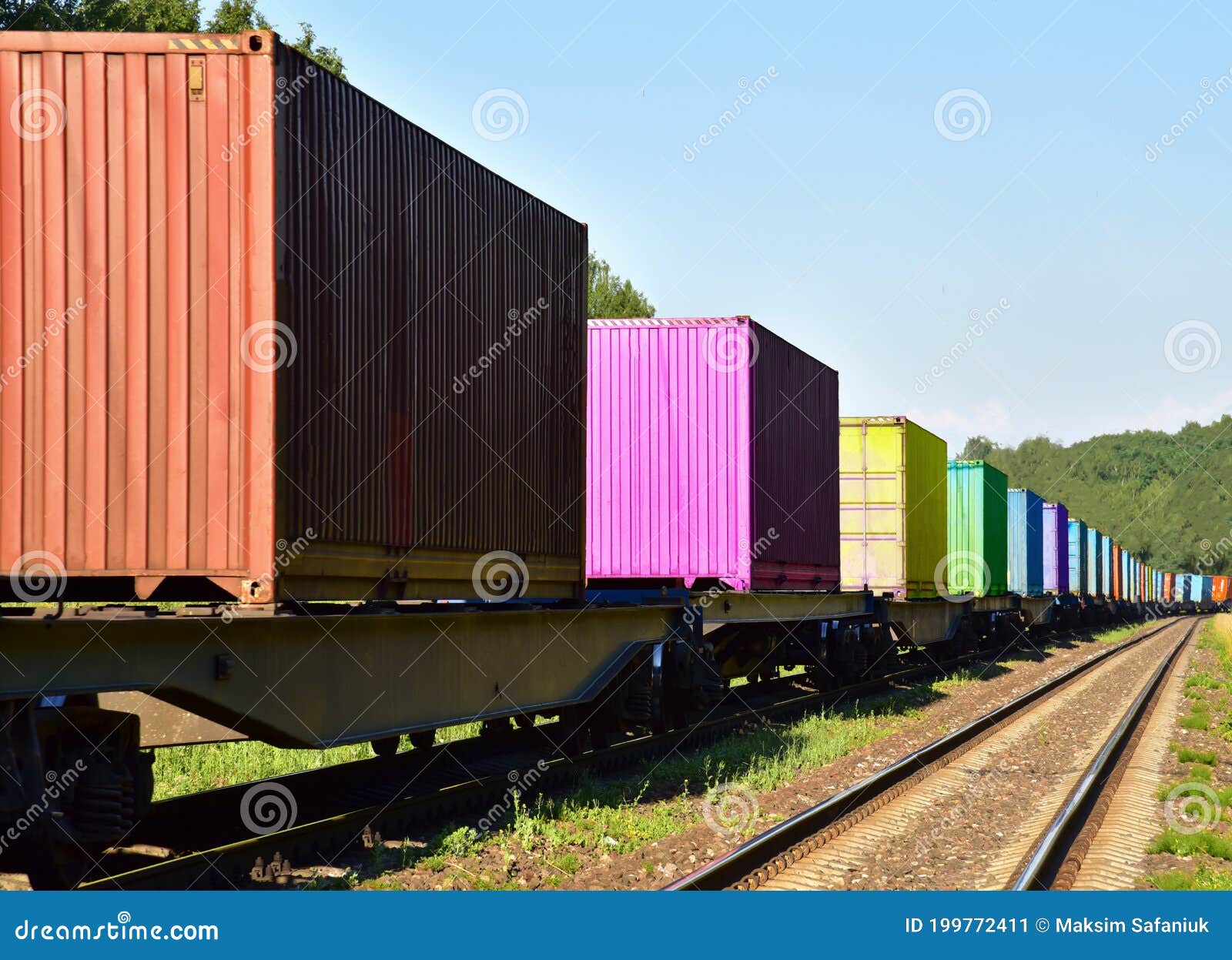 Cargo Containers Transportation on Freight Train by Railway. Intermodal ...