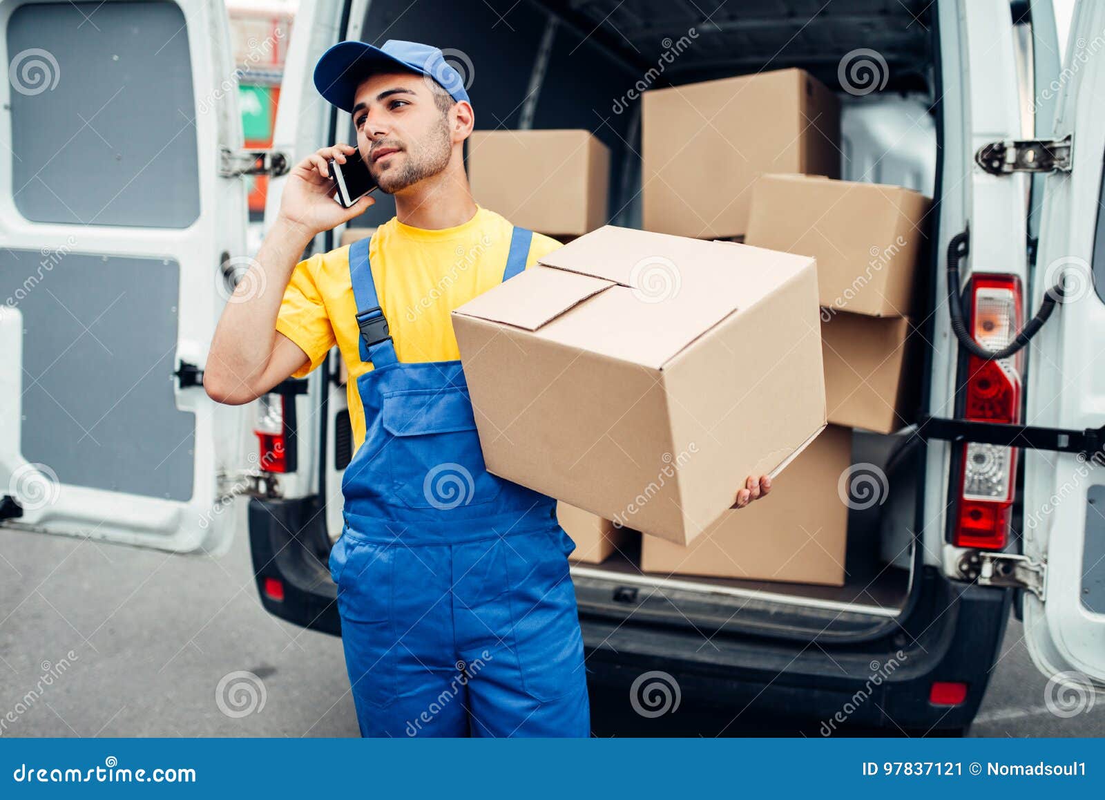 Cargo Delivery Service, Courier with Box and Phone Stock Image - Image ...