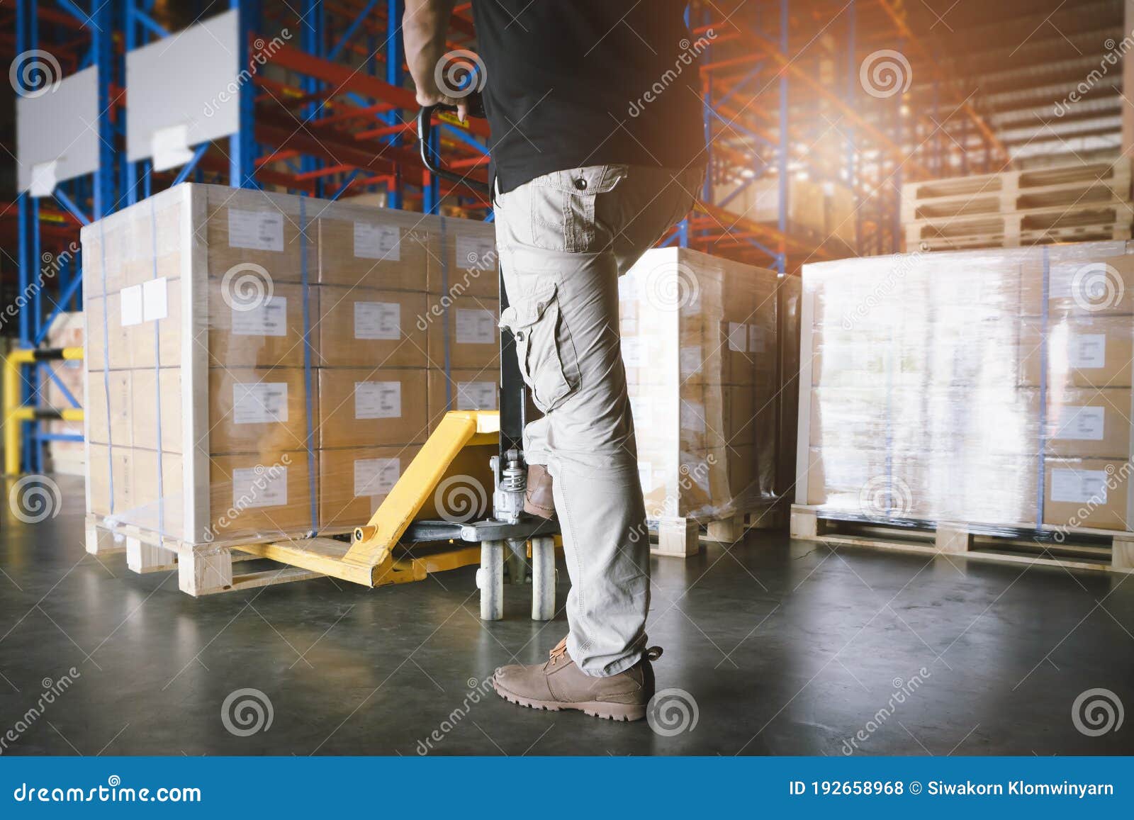 Cargo Export, Shipment. Warehouse Worker Using Hand Pallet Truck ...