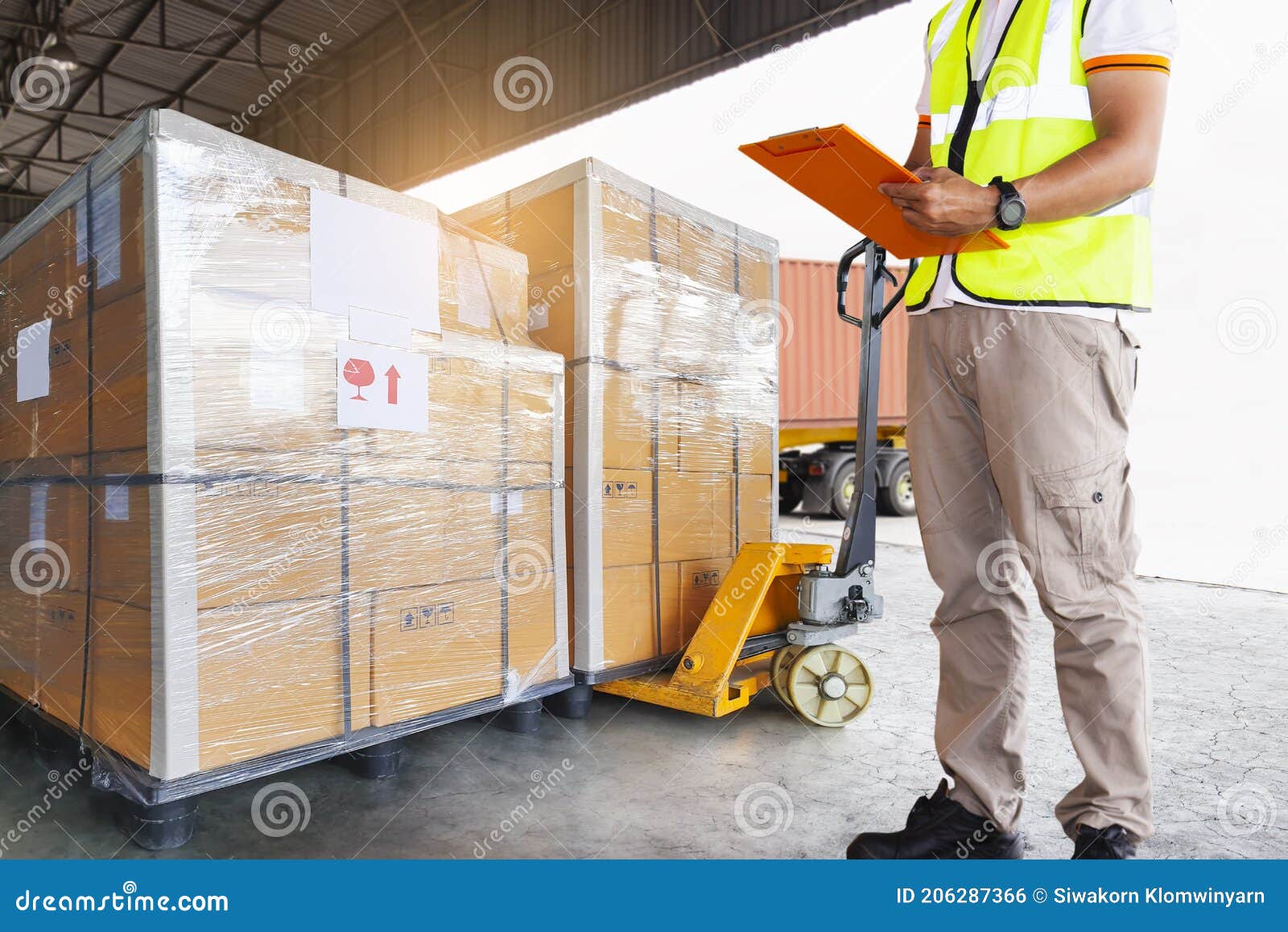 Cargo Freight Truck. Warehouse Worker Holding Clipboard His Control ...