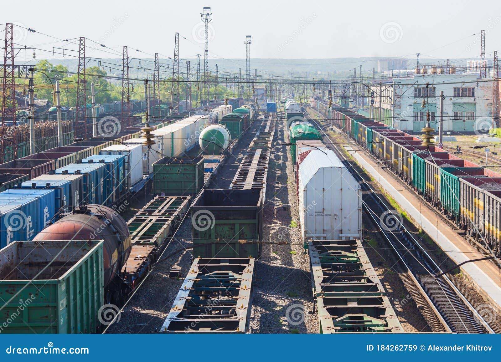 Cargo Junction of the Railway Track. Freight Wagons are on the Railway ...