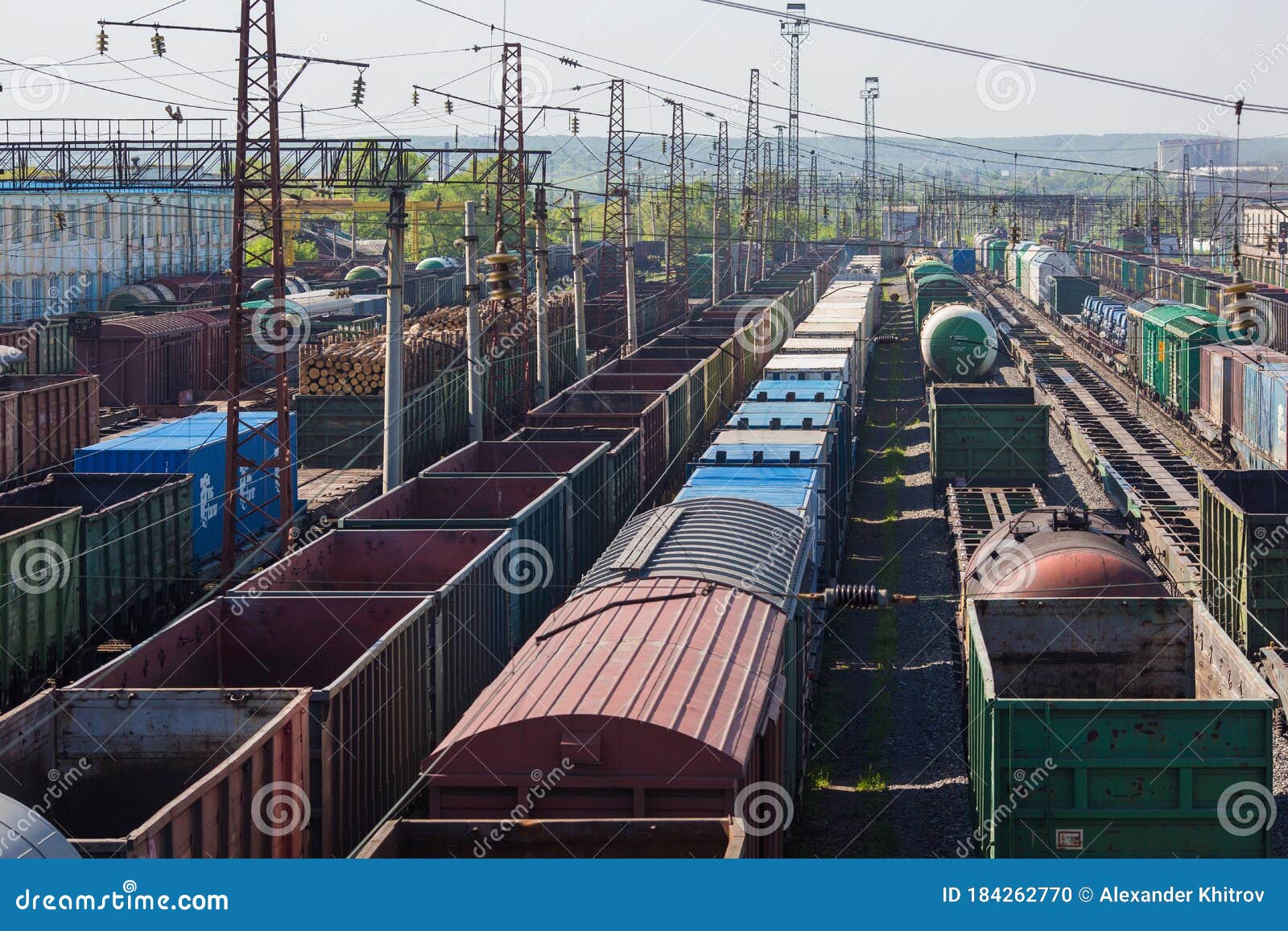 Cargo Junction of the Railway Track. Freight Wagons are on the Railway ...