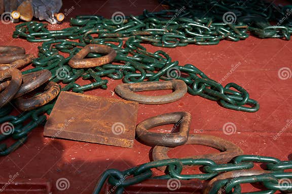 Cargo Lashing Chains, Stoppers and D-rings on Deck of Merchant Cargo ...
