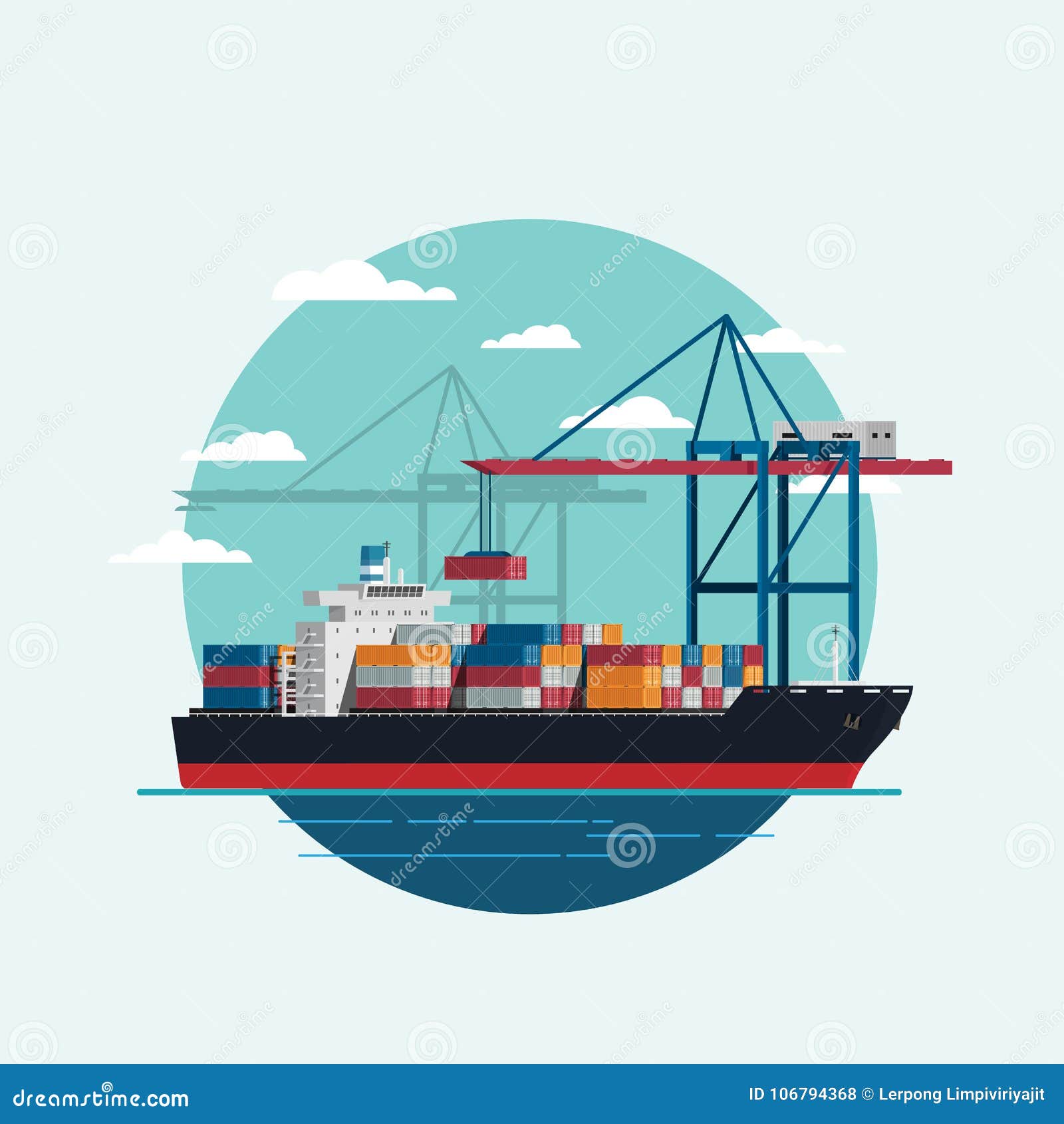 Cargo Logistics Being Loaded Container Ship With Working Crane I Vector ...