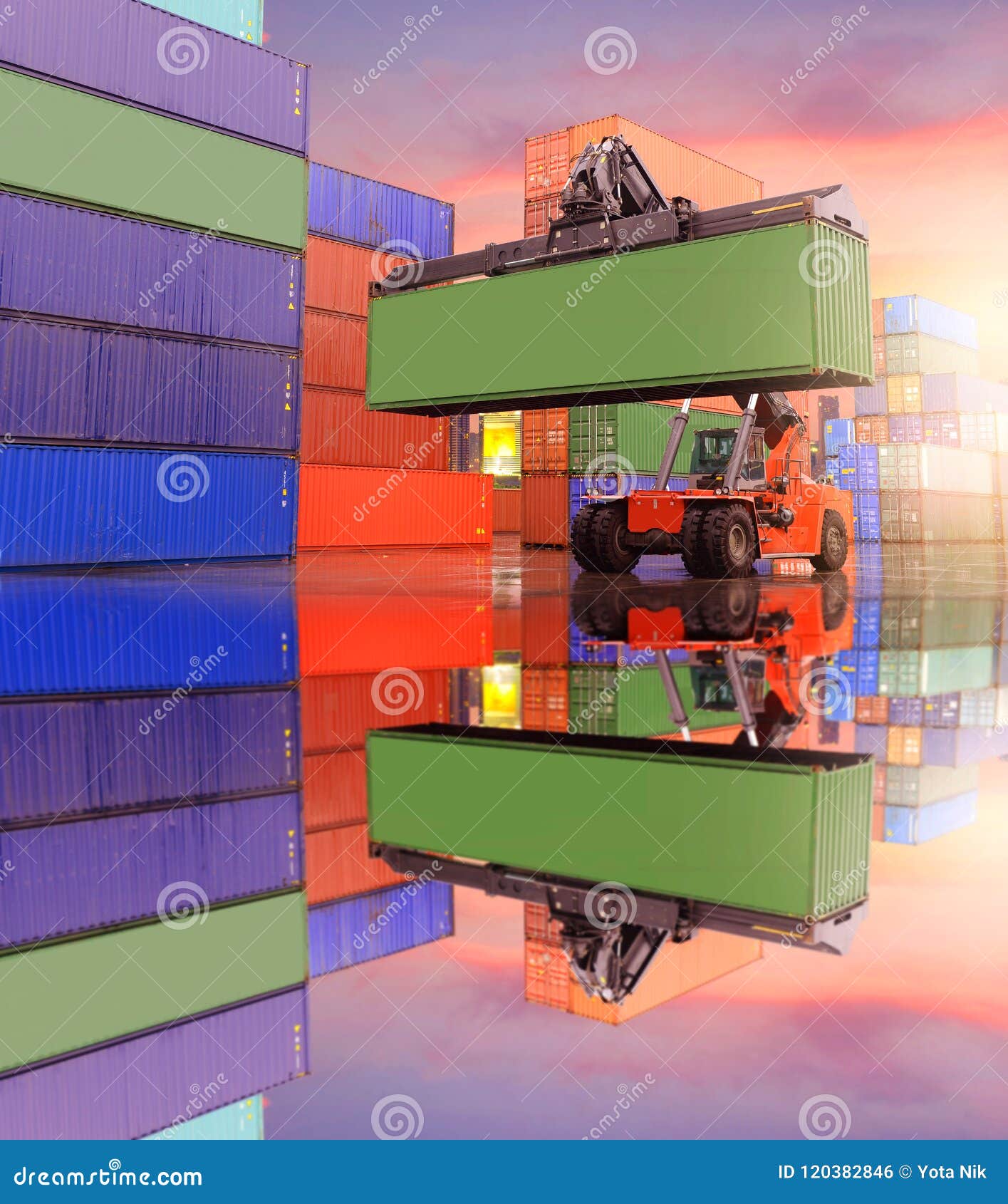 Cargo Operation In The Container Yard With Reflection Effect. Royalty ...