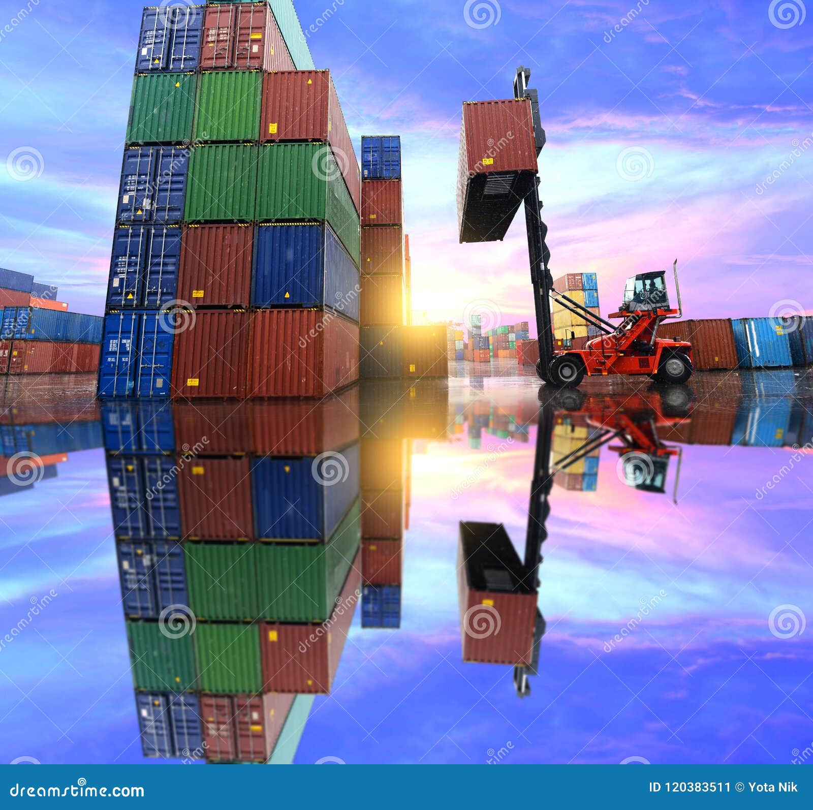 Cargo Operation in the Container Yard with Reflection Effect. Stock ...