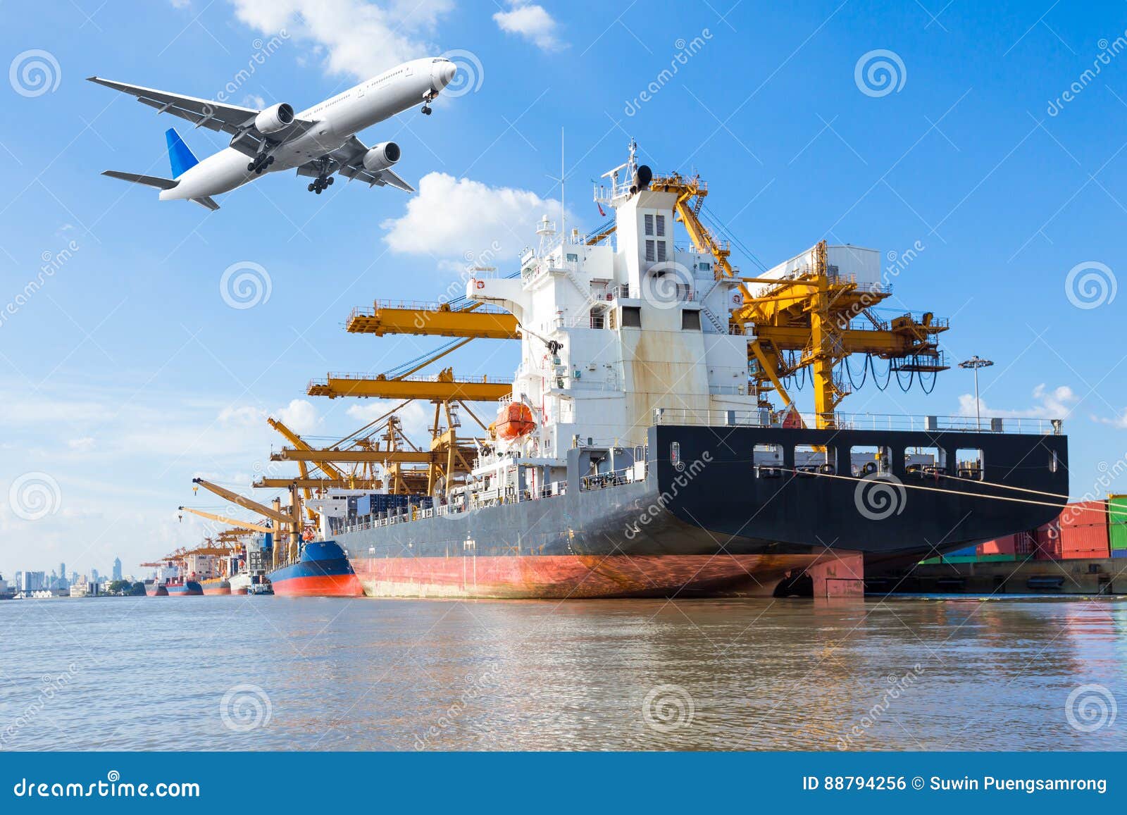 Cargo Plane Flying Above Ship Port for Logistic Import Export Stock ...