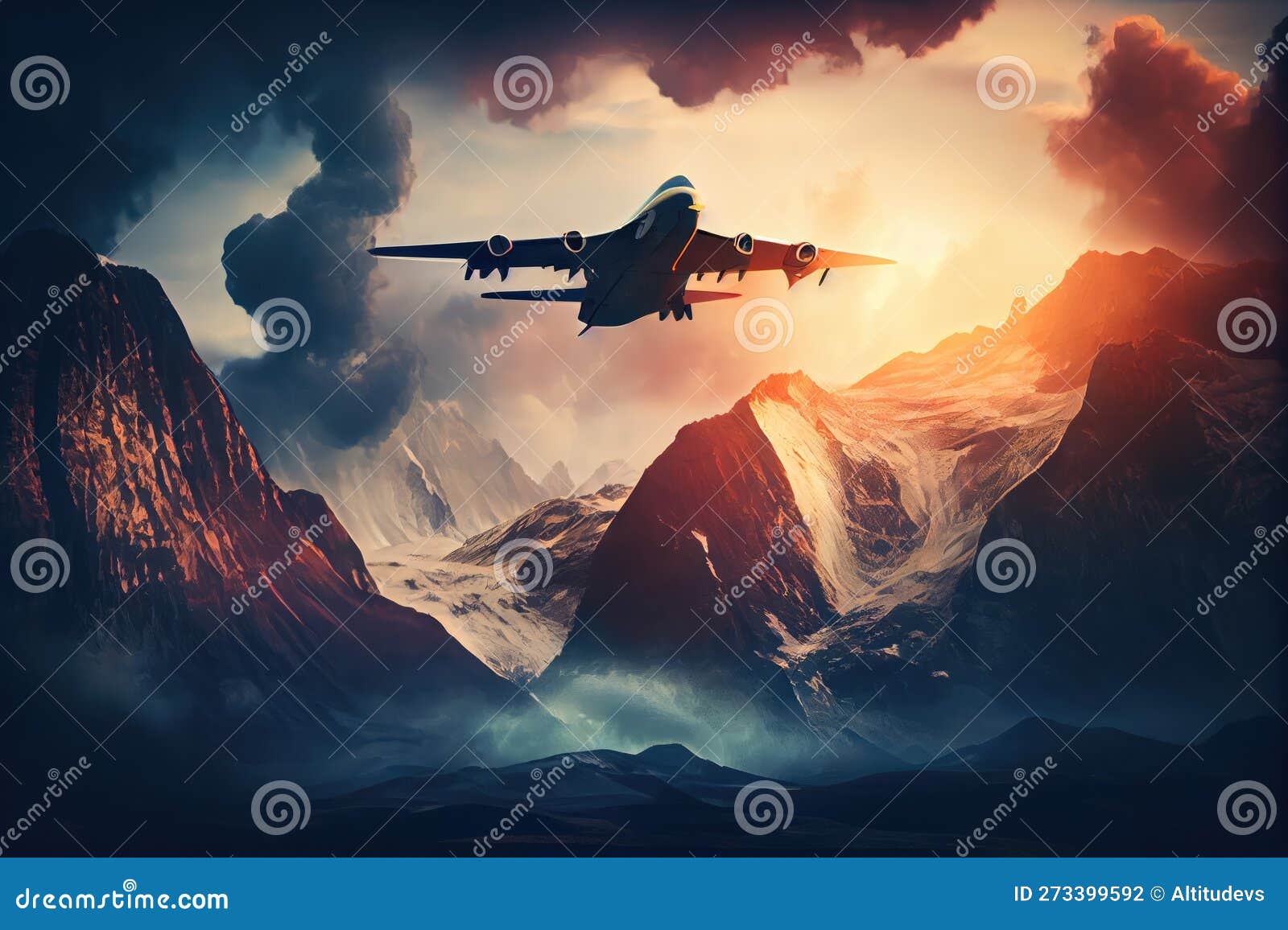 Cargo Plane Flying Over Mountain Range, with Dramatic Clouds and ...