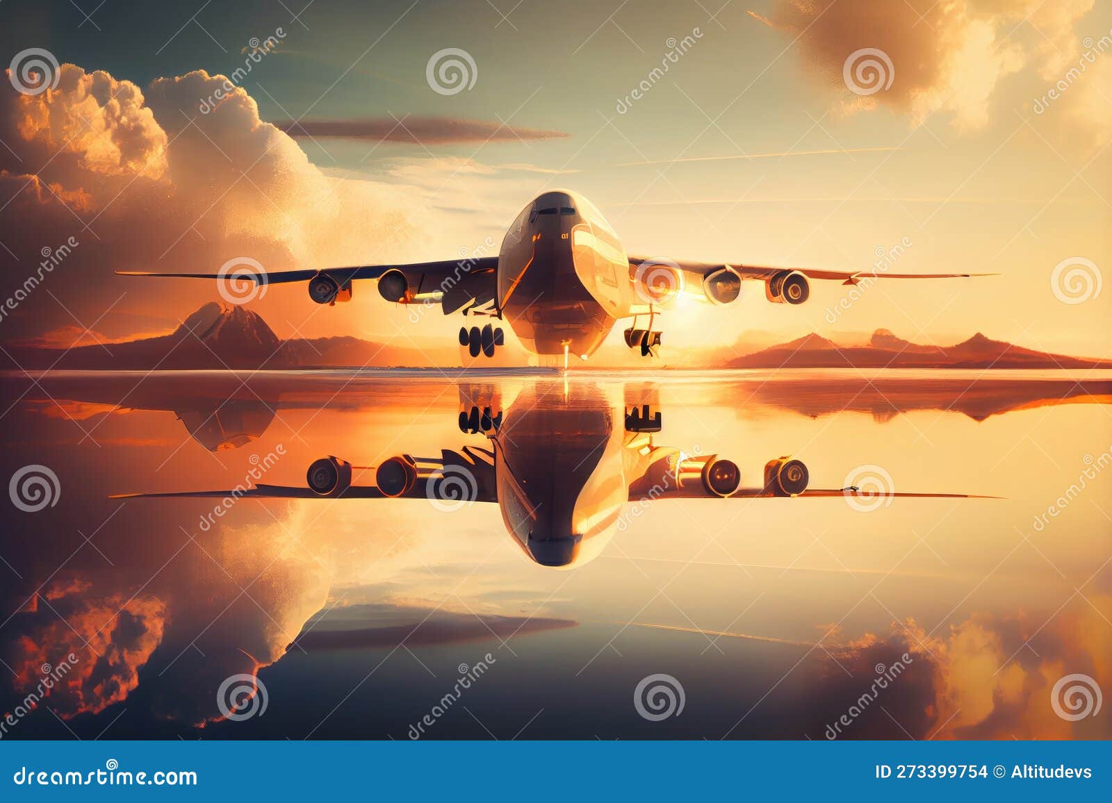 Cargo Plane Flying Over Water with Reflection of Sun in the Sky Stock ...