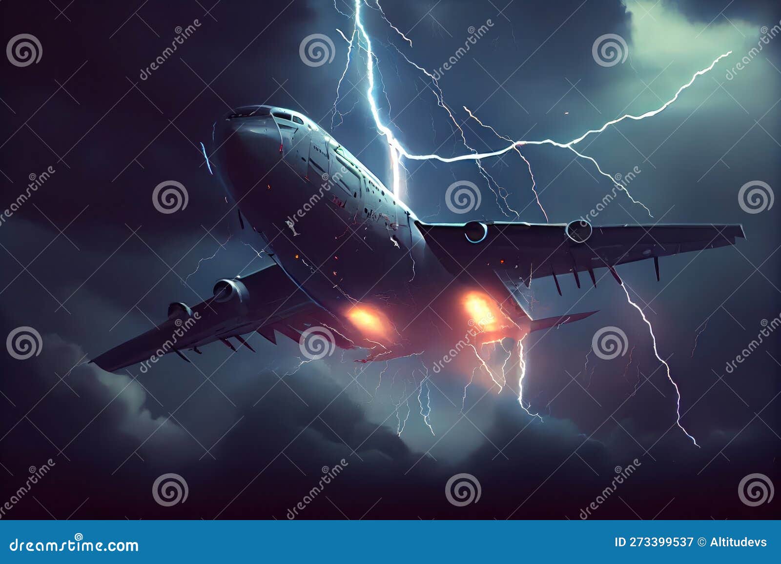 Cargo Plane Flying through Stormy Sky, with Lightning Flashes and ...