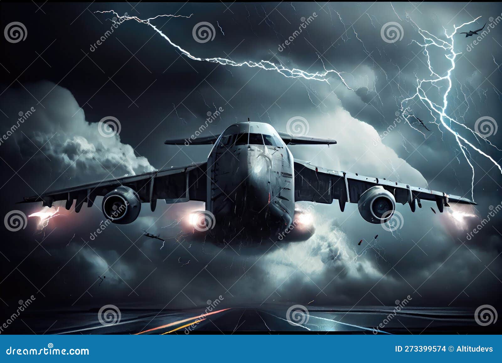 Cargo Plane Flying through Stormy Sky with Lightning Strikes Stock ...