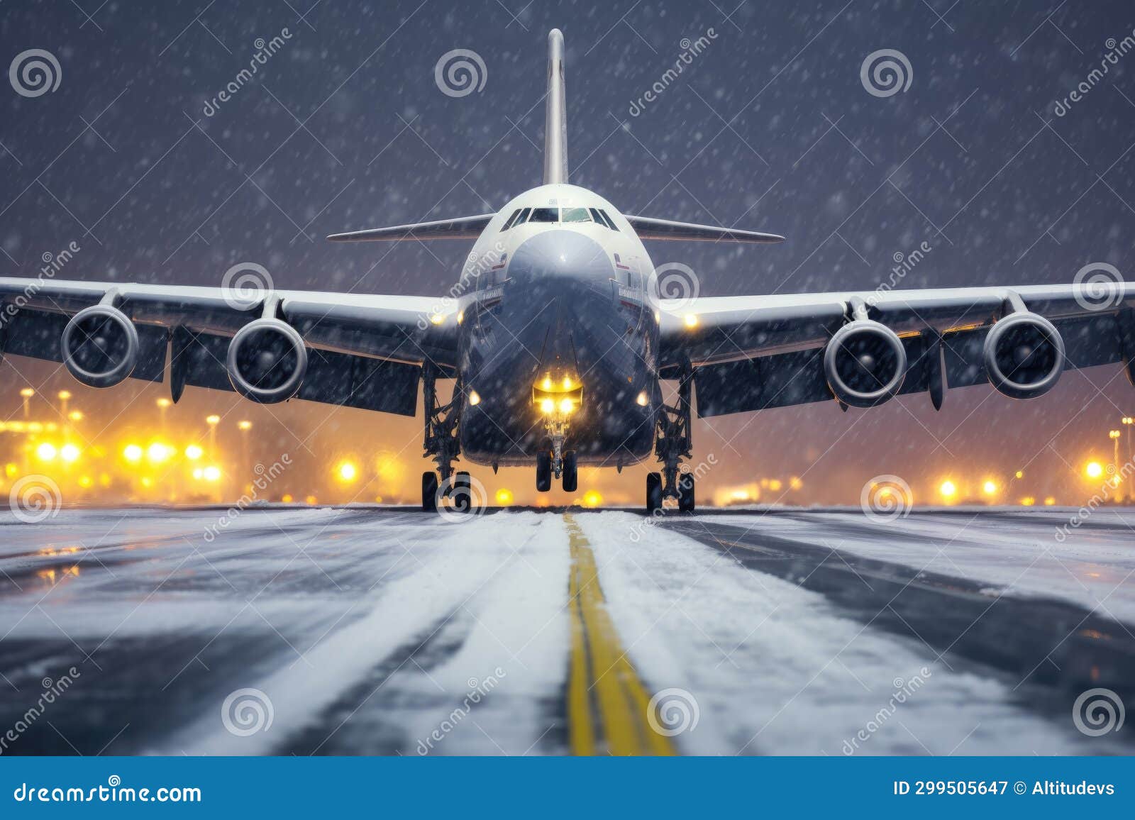 Cargo Plane Landing on a Snowy Runway, with Snowflakes Falling Stock ...
