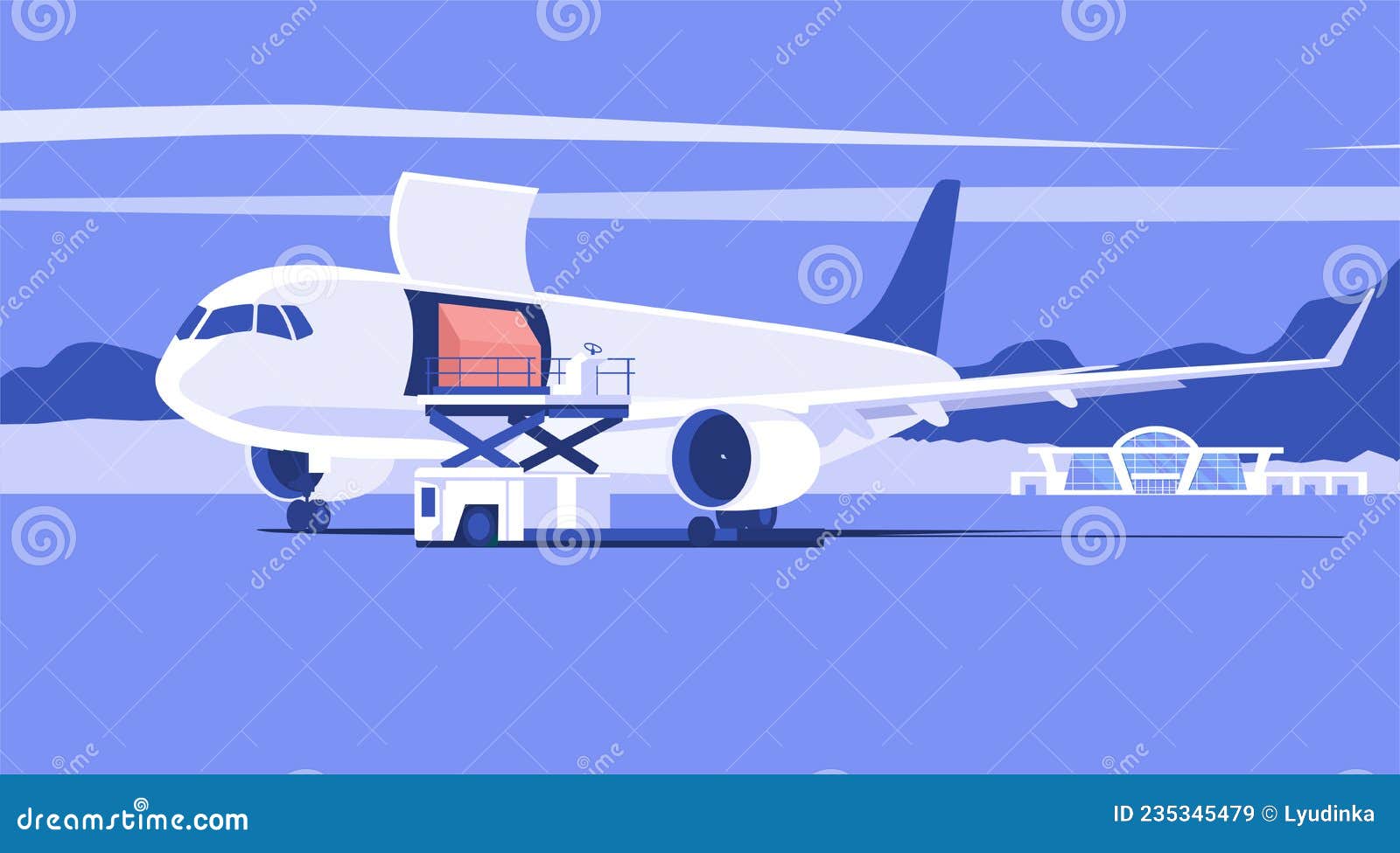 Cargo Plane with Open Cargo Hatch while Loading Container. Vector ...