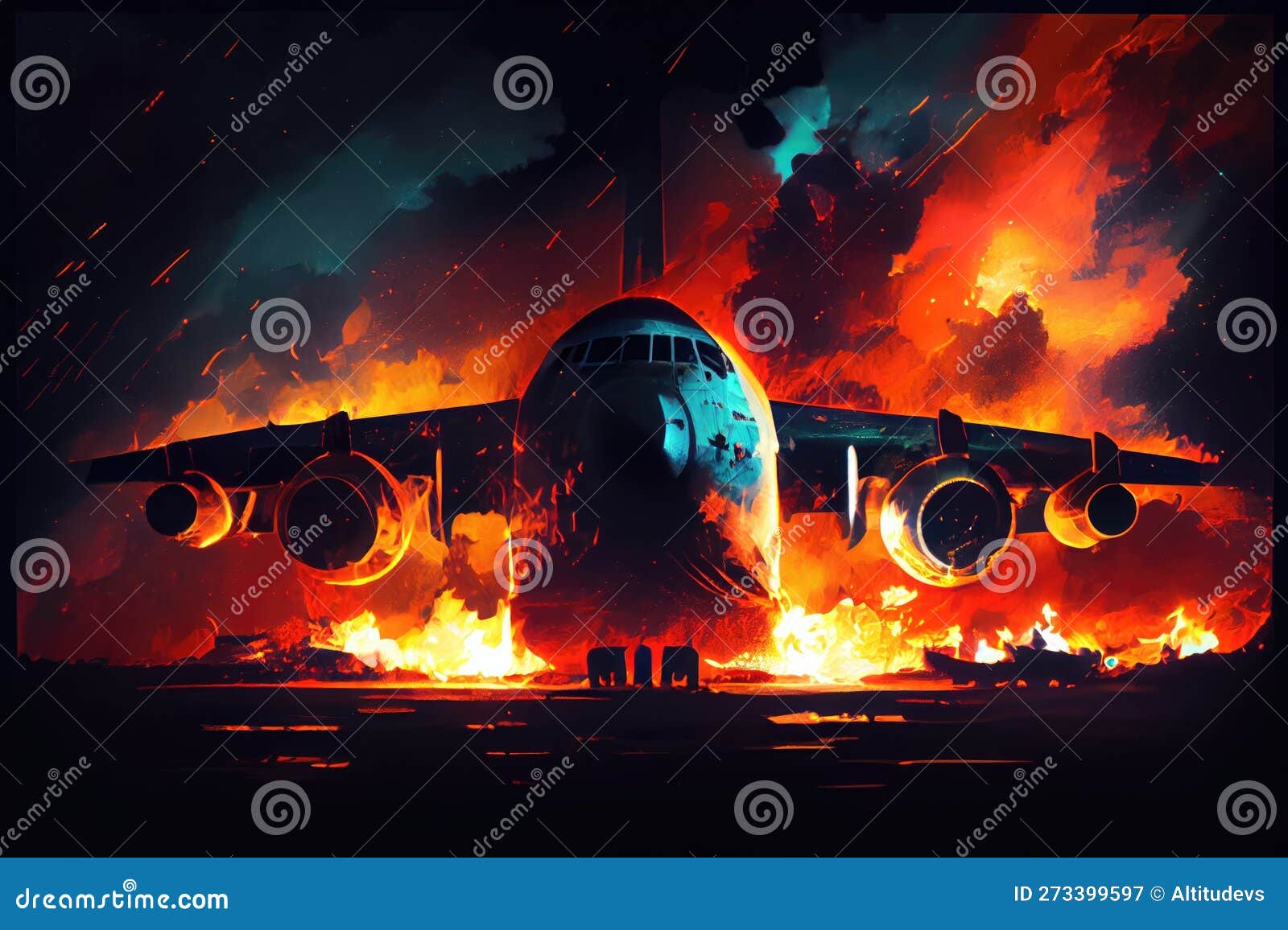 Cargo Plane, Surrounded by Burning Flames in Night Sky Stock ...