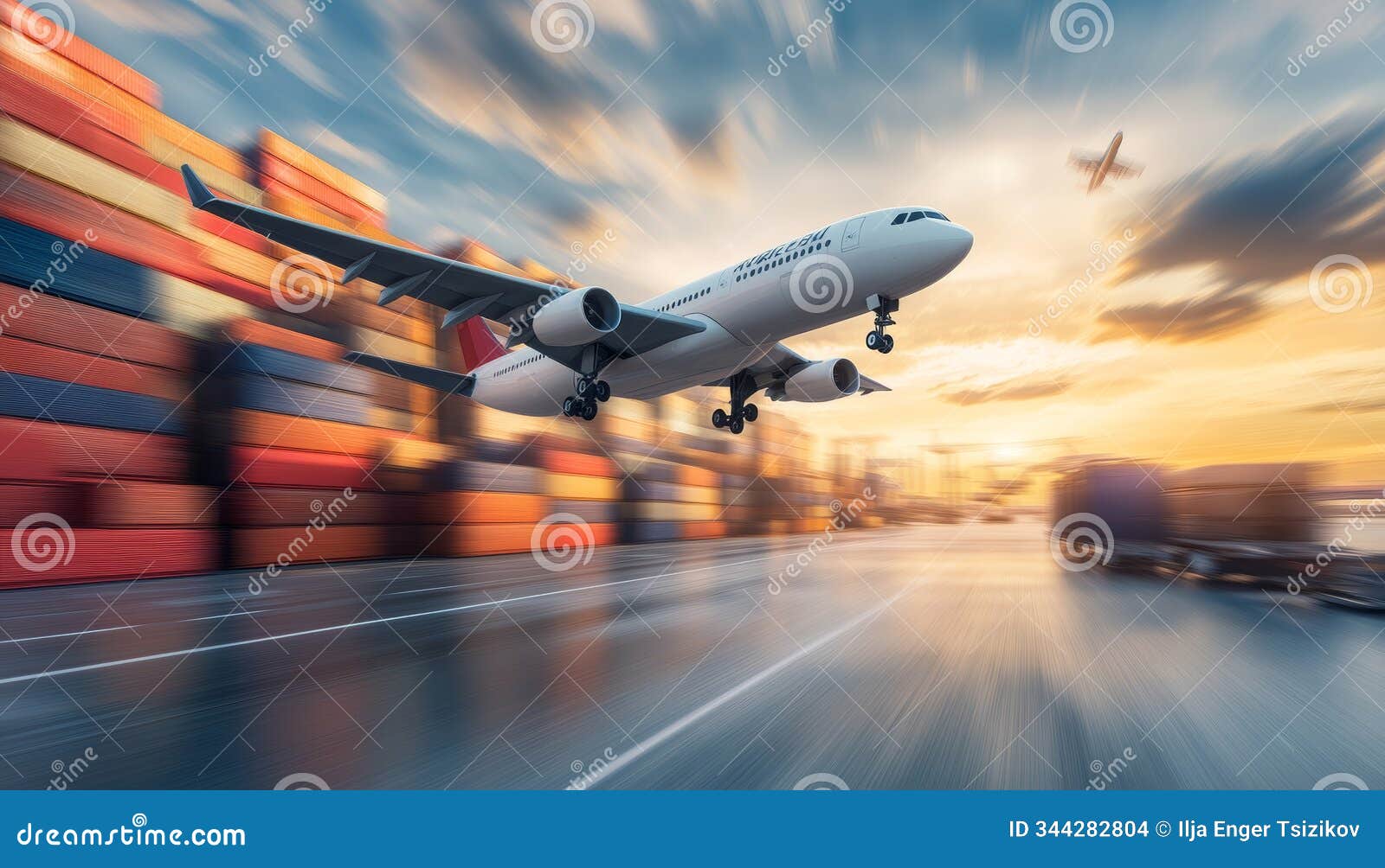 Cargo Plane Taking Off from Runway, Shipping Containers, Global ...