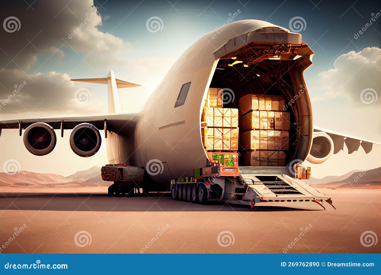 Cargo Plane Unloads Containers with Boxes, Air Freight Illustration ...