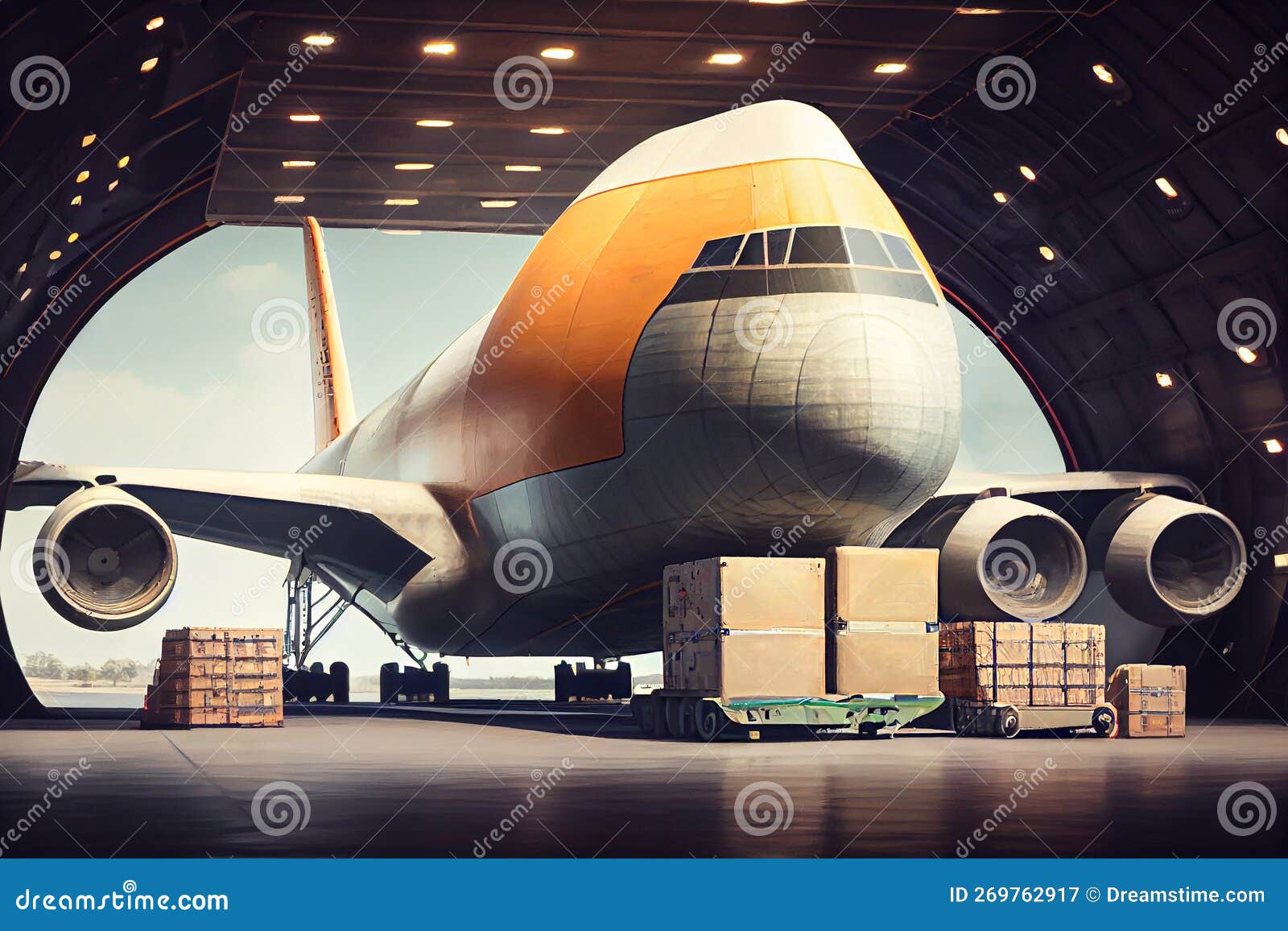Cargo Plane Unloads Containers with Boxes, Air Freight Illustration ...