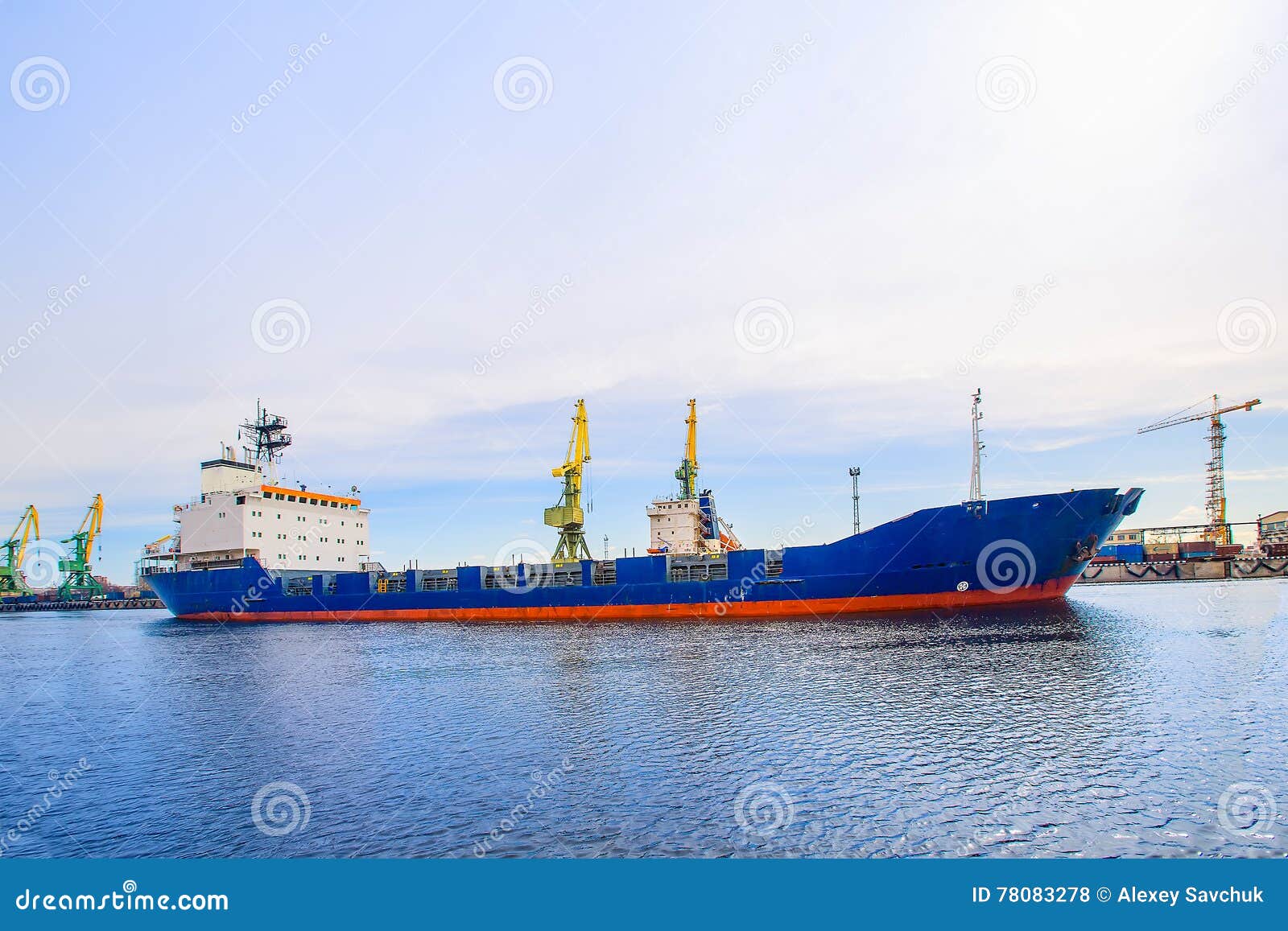 Cargo Port. the Cargo Ship Blue Color. Side View Stock Photo - Image of ...