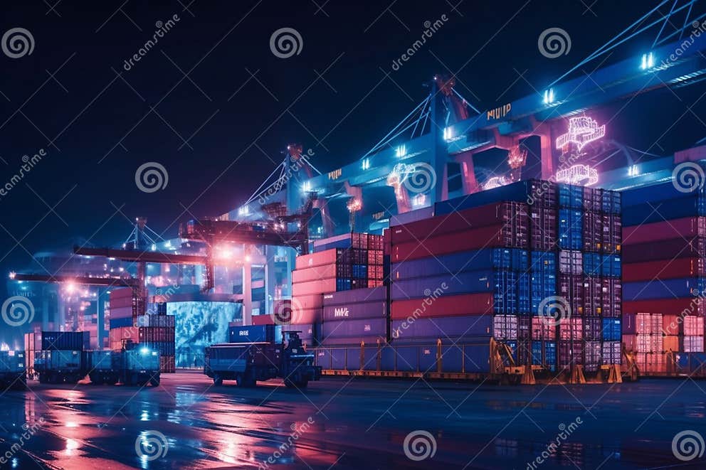 Cargo Port with Container Cargo Freight Ship at Night for Logistic ...