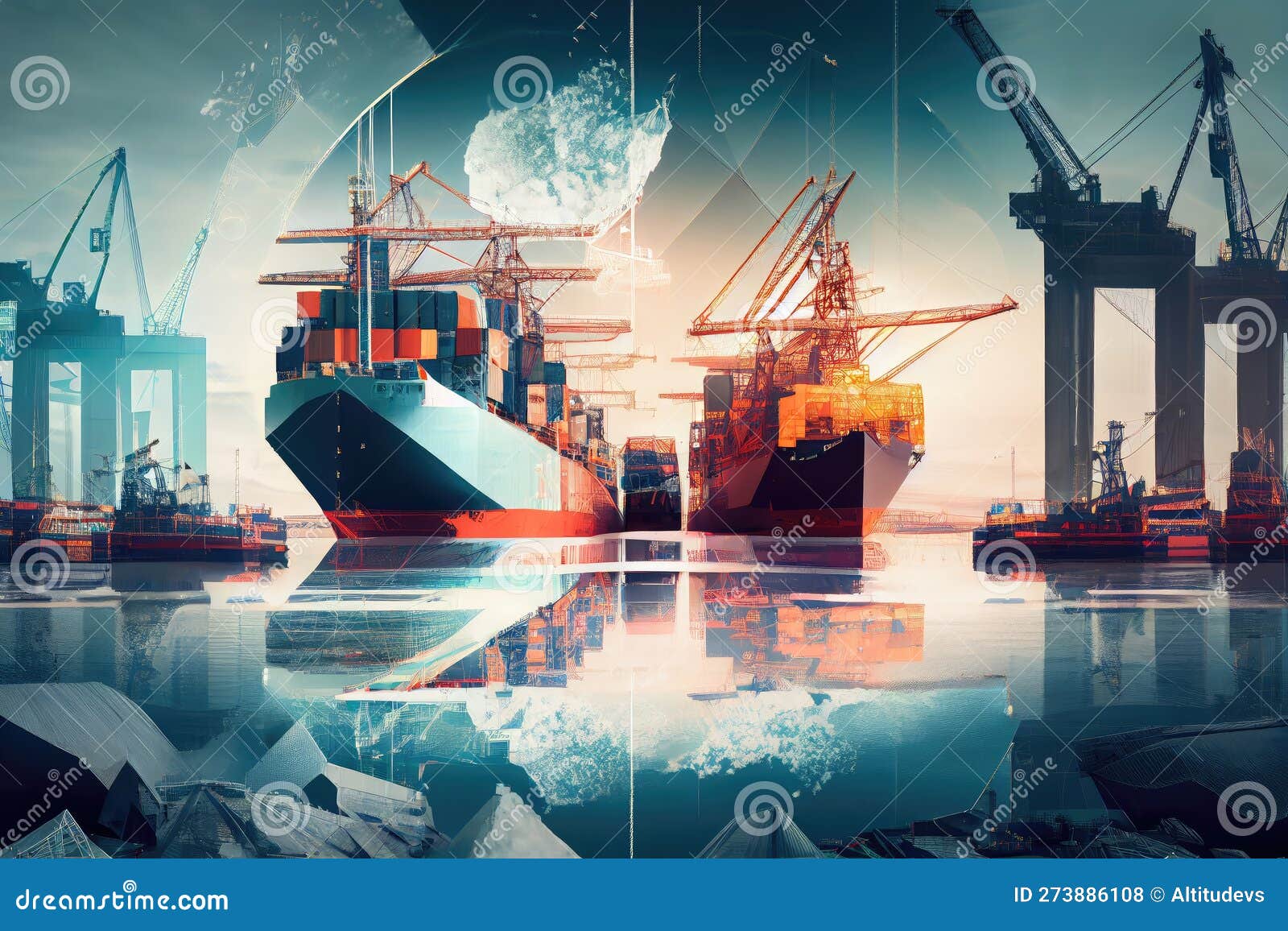 Cargo Port, with Container Ships and Cranes in the Background, Creating ...