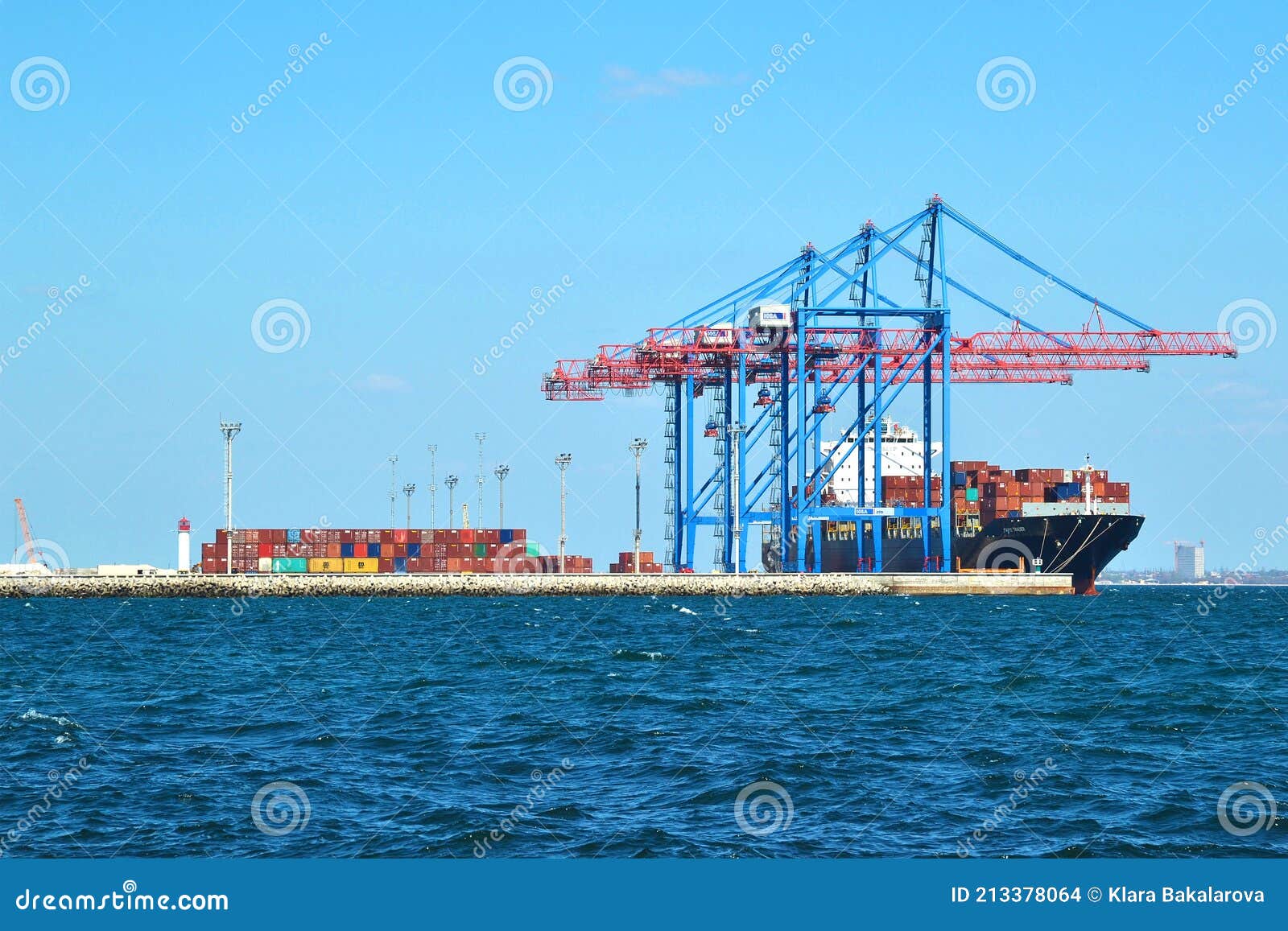 Cargo Port Loaded with Ship at Pier, Under Loading Cranes, Stacked ...