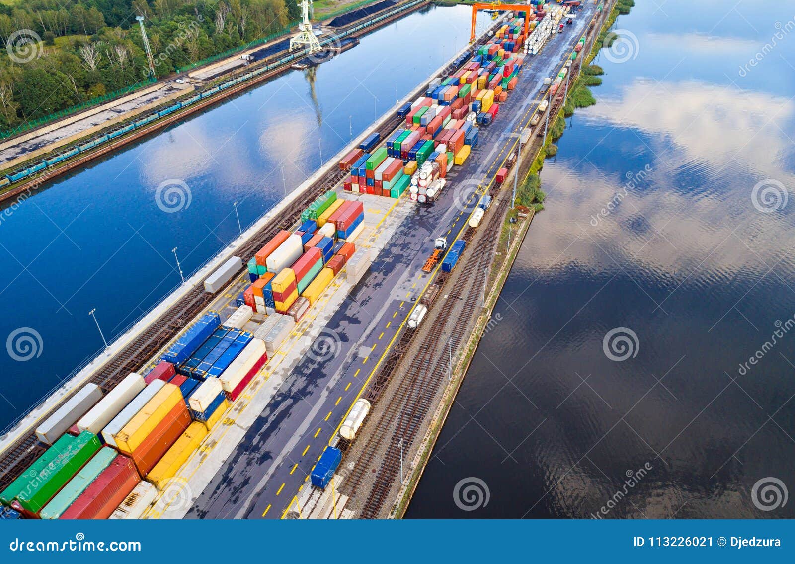 Cargo River Harbour with Shipping Containers. Stock Image - Image of ...