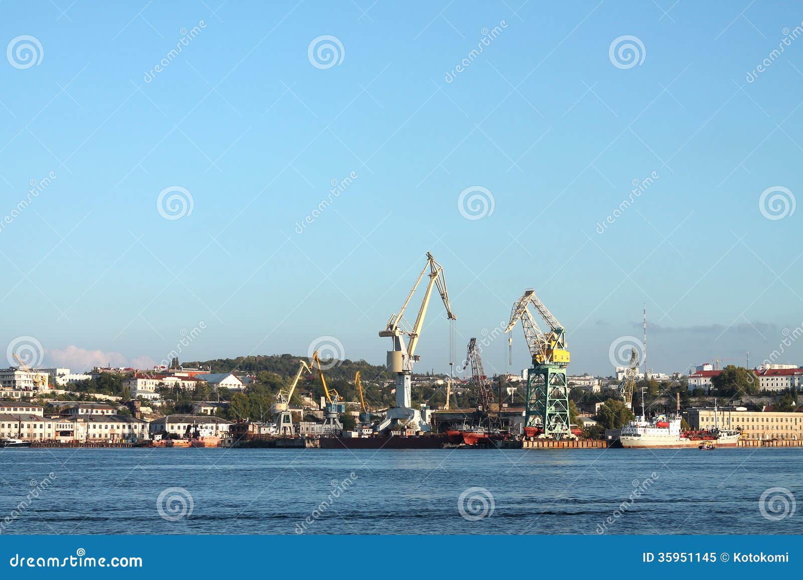Panorama Of The Cargo Seaport. In The Water Area Of The Port There Are ...