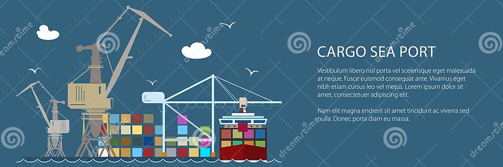 Cargo Seaport with Container Ship, Banner Stock Vector - Illustration ...