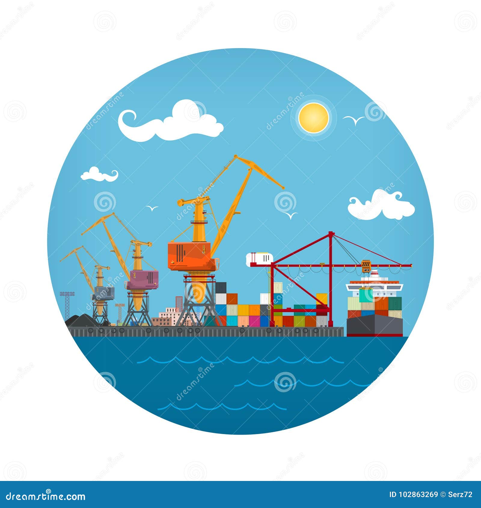 Shipbuilding With Docks And Cranes Vector Illustration | CartoonDealer ...