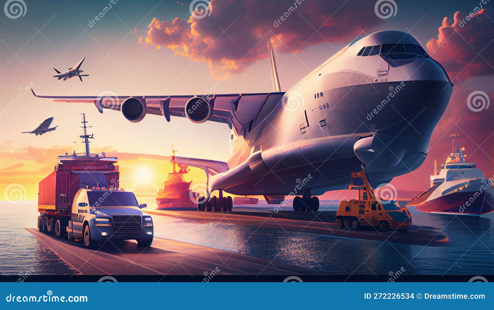 Cargo Ship and Airplane in the Sea. Generative Ai Stock Illustration ...
