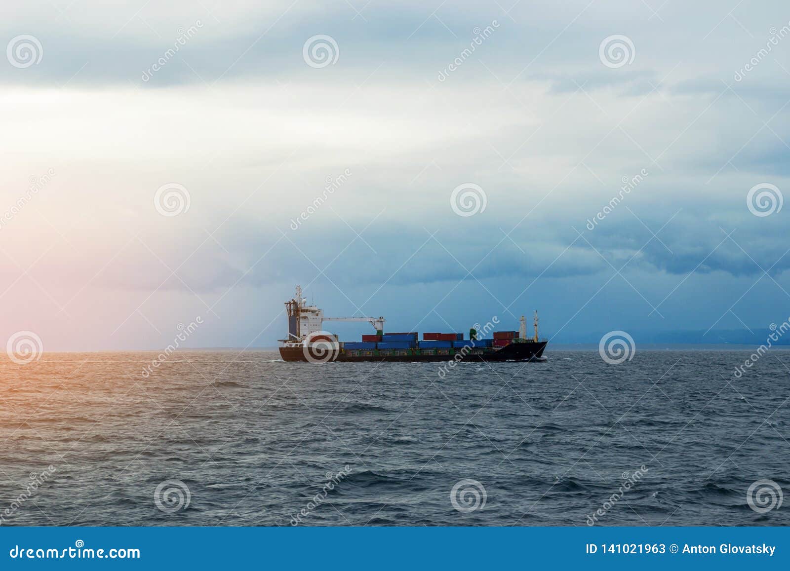 Cargo Ship Barge with Containers on the Sea Horizon Stock Image - Image ...