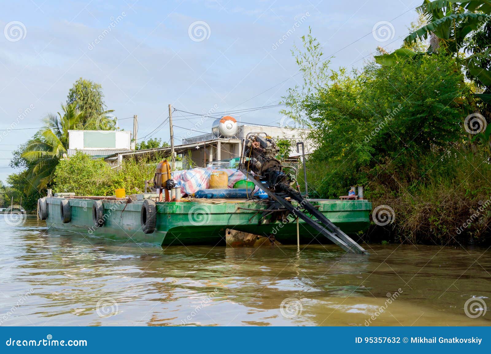 Cargo ship, barge loading stock photo. Image of river - 95357632