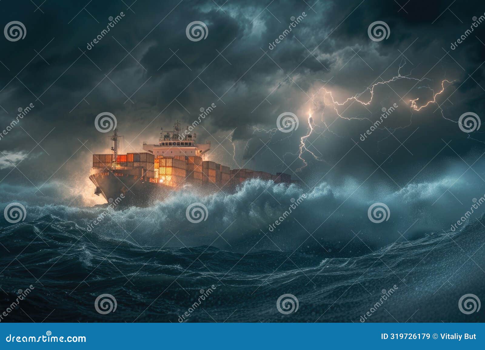 Cargo Ship Battling Storm with Lightning. Generative AI. Stock Image ...